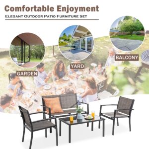 Vongrasig 4 Pieces Patio Furniture Sets, Small Modern Metal Textilene Outdoor Furniture Conversation Sets, Lawn Garden Porch Balcony Mesh Bistro Set Backyard Patio Set w/Loveseat&Glass Table (Taupe)