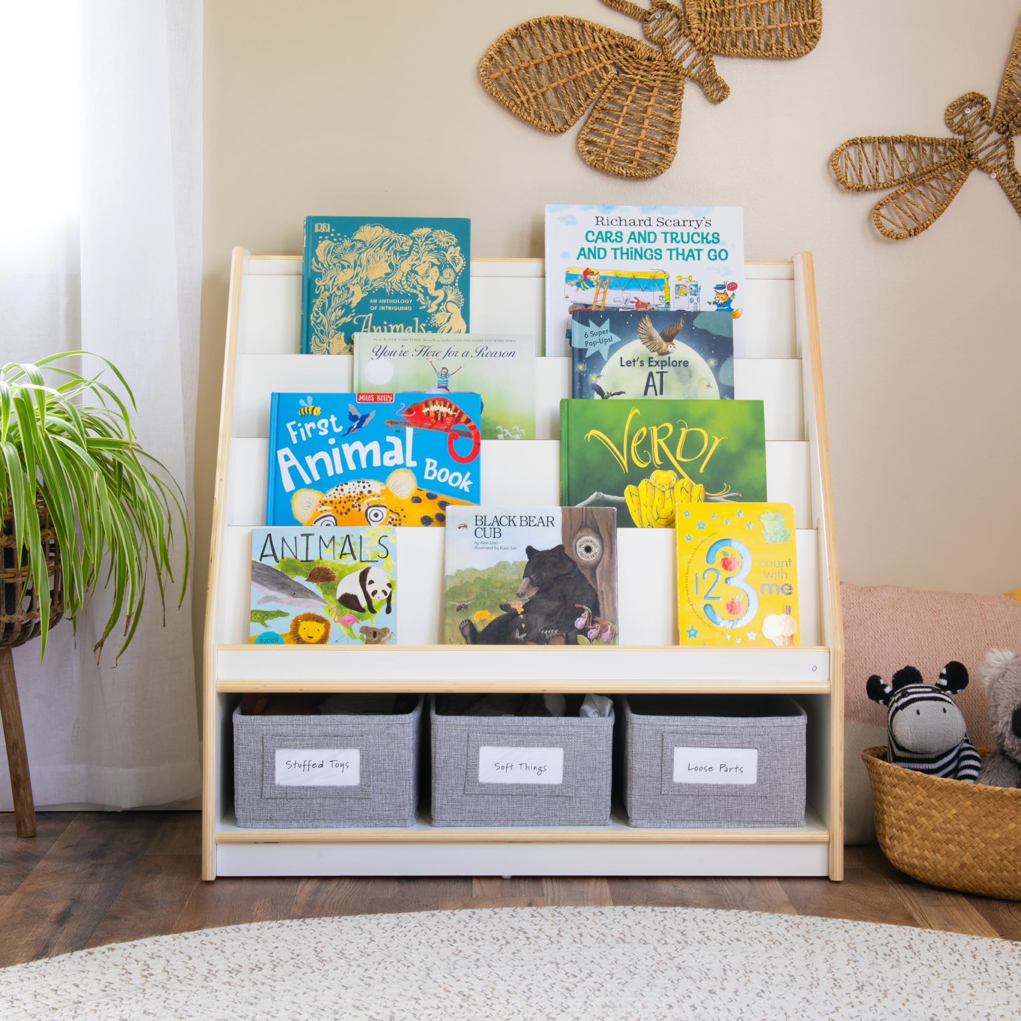 Guidecraft EdQ Book and Bin Display White with 3 Storage Bins: Wooden Kids Bookcase and Toy Storage Organizer; Homeschool and Classroom Bookshelf Furniture