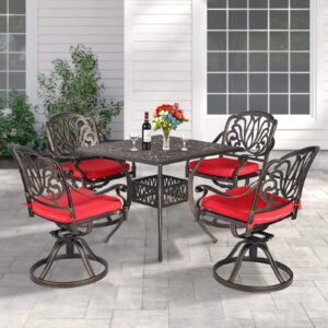 TITIMO 5-Piece Outdoor Dining Patio Set, All-Weather Cast Aluminum Furniture Set Includes 4 Swivel Rocker Chairs with Cushions and 35.4" Square Table with Umbrella Hole for Yard Garden Deck (Red)