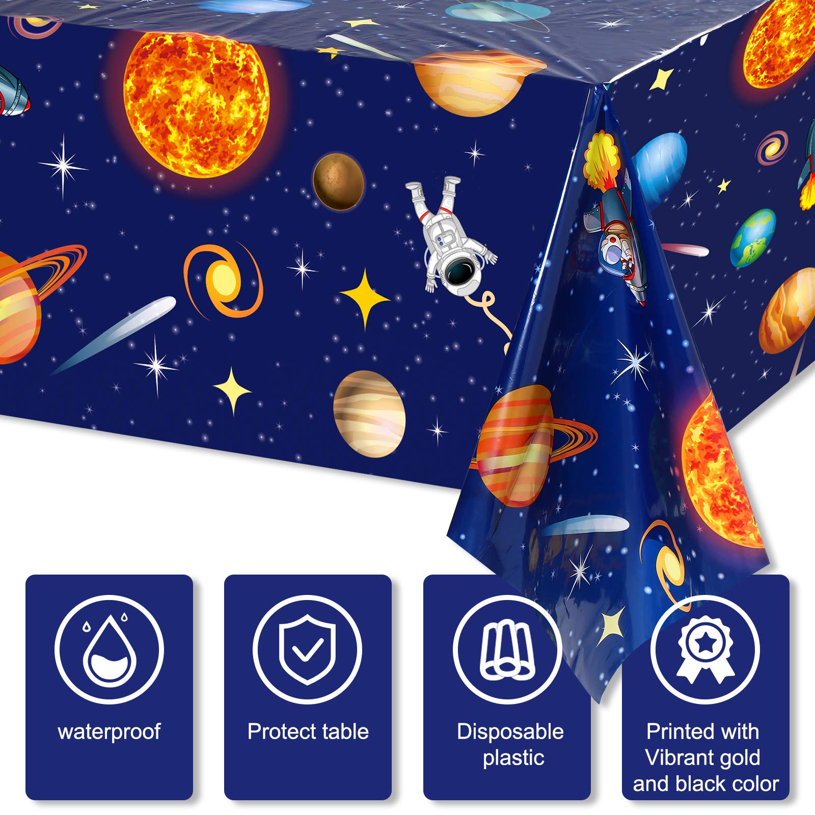 Space Tablecloth Decorations, Plastic Solar System Table Cover Planet Design for Kids Space Theme Birthday Party Decorations and Supplies, 54 x 108 Inch (3 Pieces)