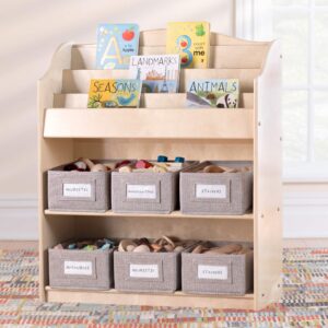 guidecraft edq book and bin browser natural: 6 fabric storage bins, book display and toy storage organizer for kids; school supply furniture