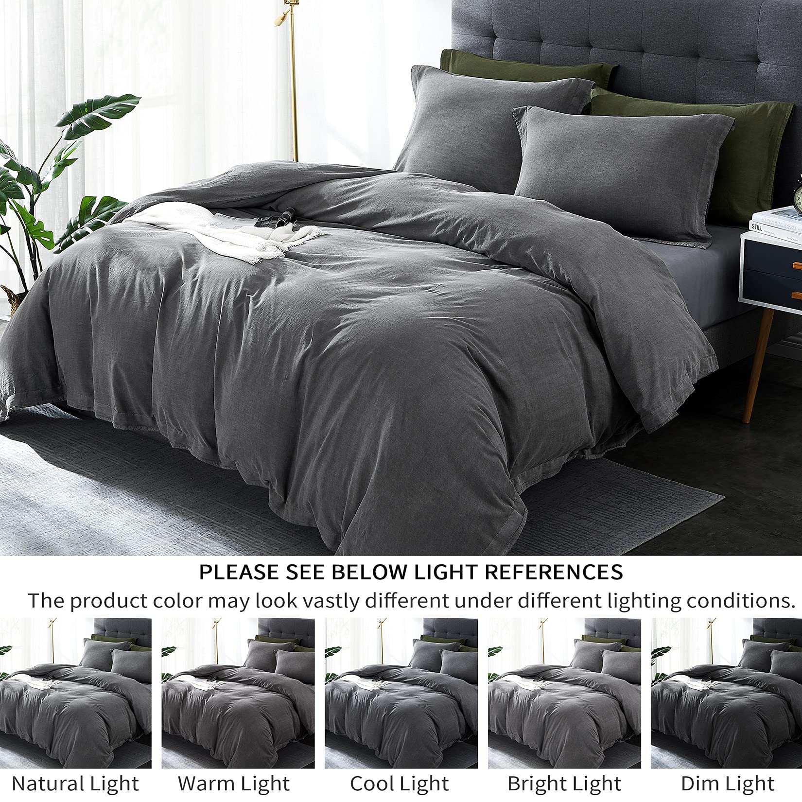 CAROMIO Grey Duvet Cover Queen Cotton, Ultra Soft Comfortable Bedding Set for Summer, Washed Cotton Duvet Cover Set 1 Duvet Cover + 2 Pillowcases(Dark Grey, Queen/Full, 3 PCS)