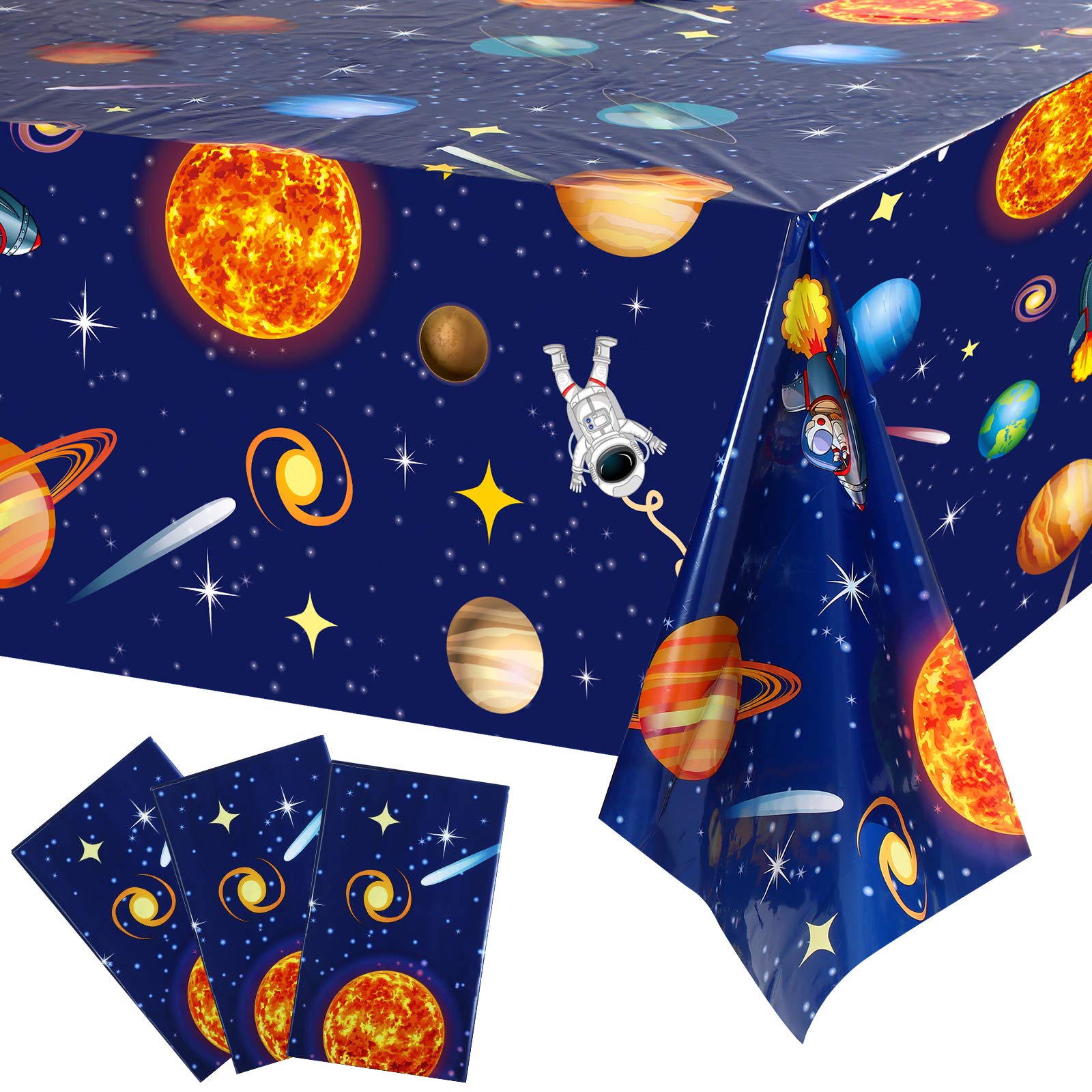 Space Tablecloth Decorations, Plastic Solar System Table Cover Planet Design for Kids Space Theme Birthday Party Decorations and Supplies, 54 x 108 Inch (3 Pieces)