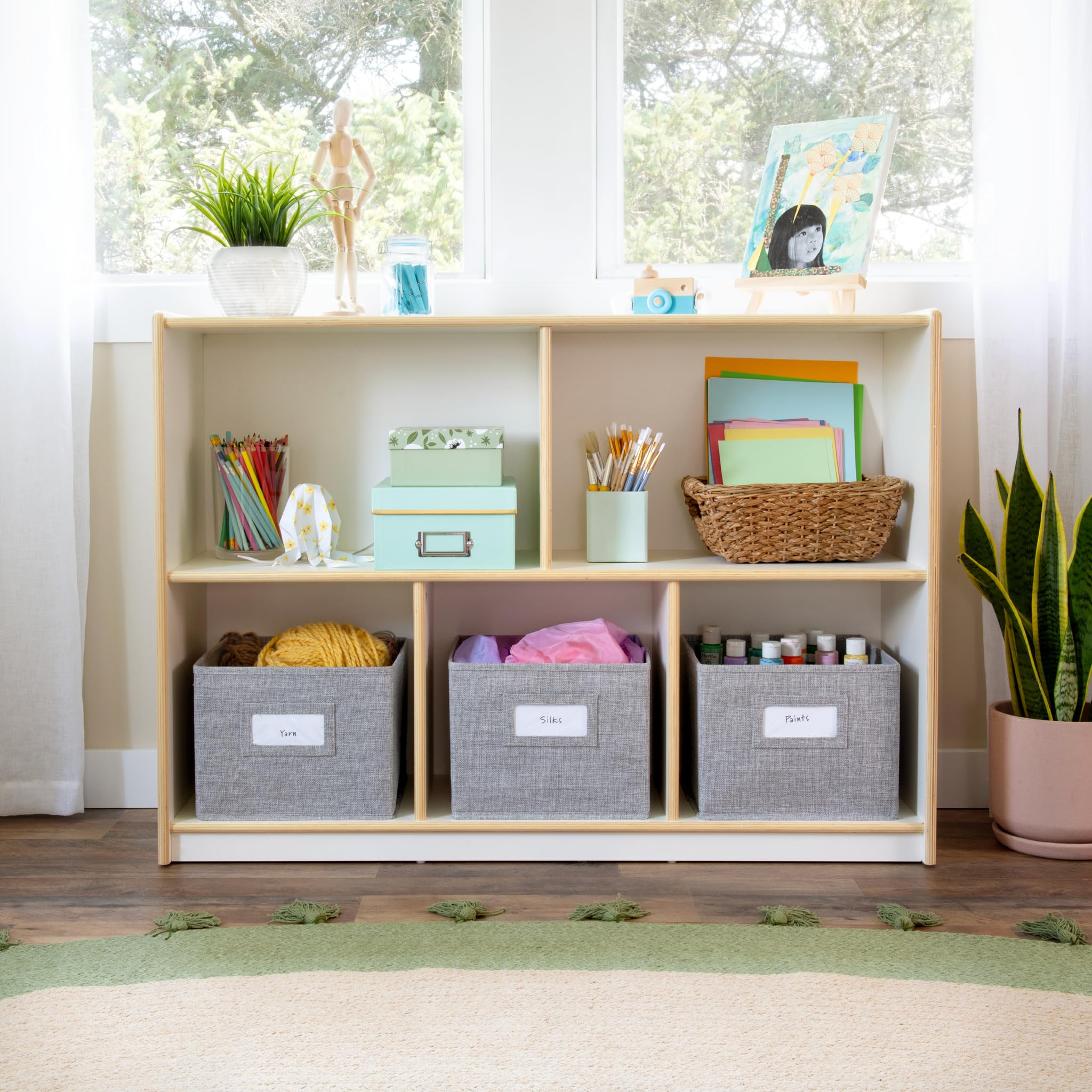 Guidecraft EdQ 5 Compartment Storage 30'' White with Fabric Bins: Wooden Organizer Cabinet for School Supplies and Home | Teacher's Book Cubby and Toy Shelf