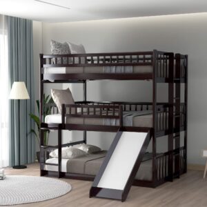 triple bunk bed with slide, full over full over full bunk bed convertible triple beds for kids/teens/adults, espresso