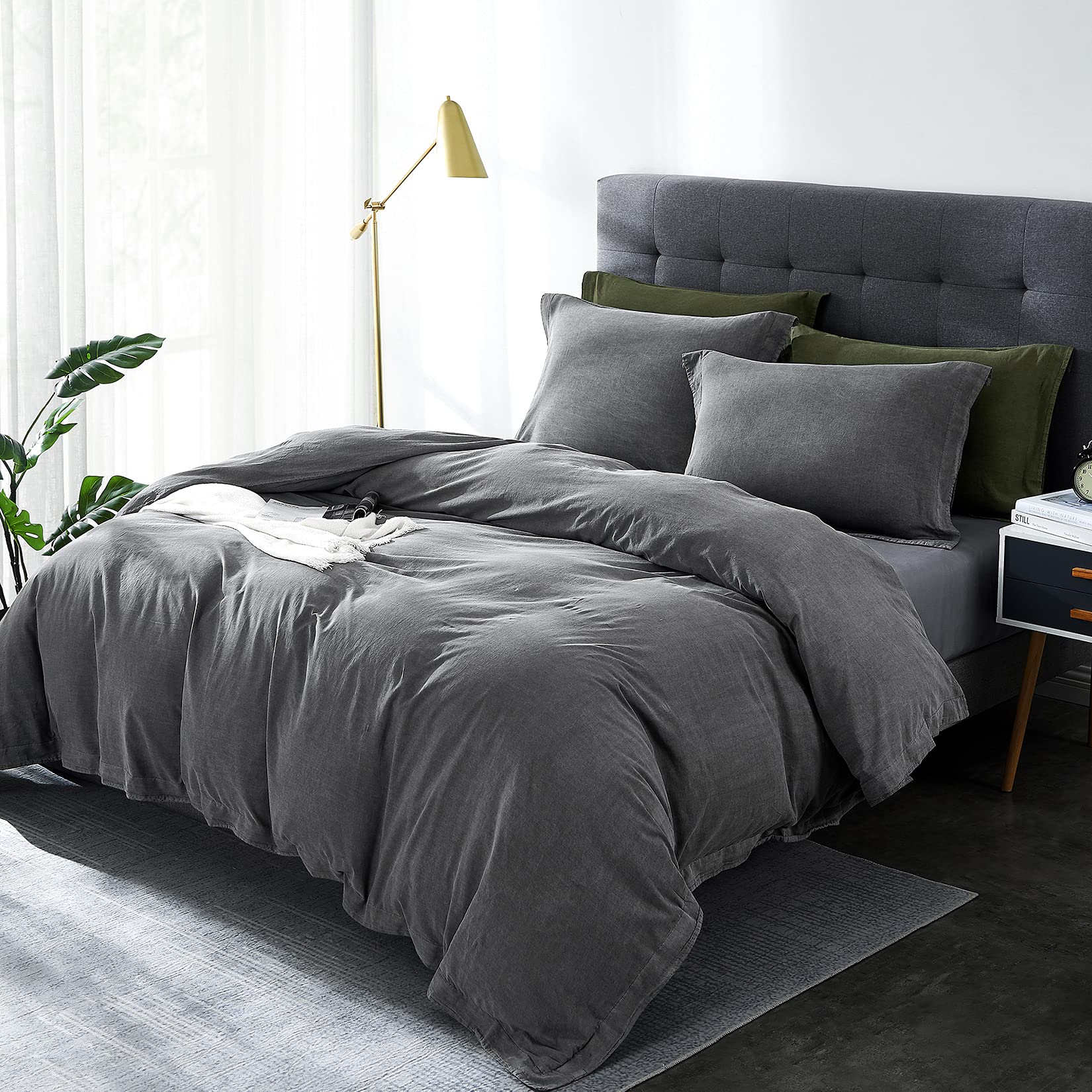 CAROMIO Grey Duvet Cover Queen Cotton, Ultra Soft Comfortable Bedding Set for Summer, Washed Cotton Duvet Cover Set 1 Duvet Cover + 2 Pillowcases(Dark Grey, Queen/Full, 3 PCS)