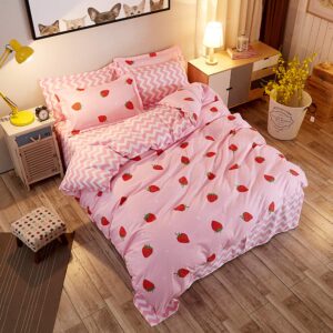 HALOZI Duvet Cover Set Queen Size Strawberry Pink Reversible Luxury Soft Bedding Set with Zipper Closure and Corner Ties (1 Duvet Cover+2 Pillowcases) (Pink Strawberry, Queen（90X90） inch)…