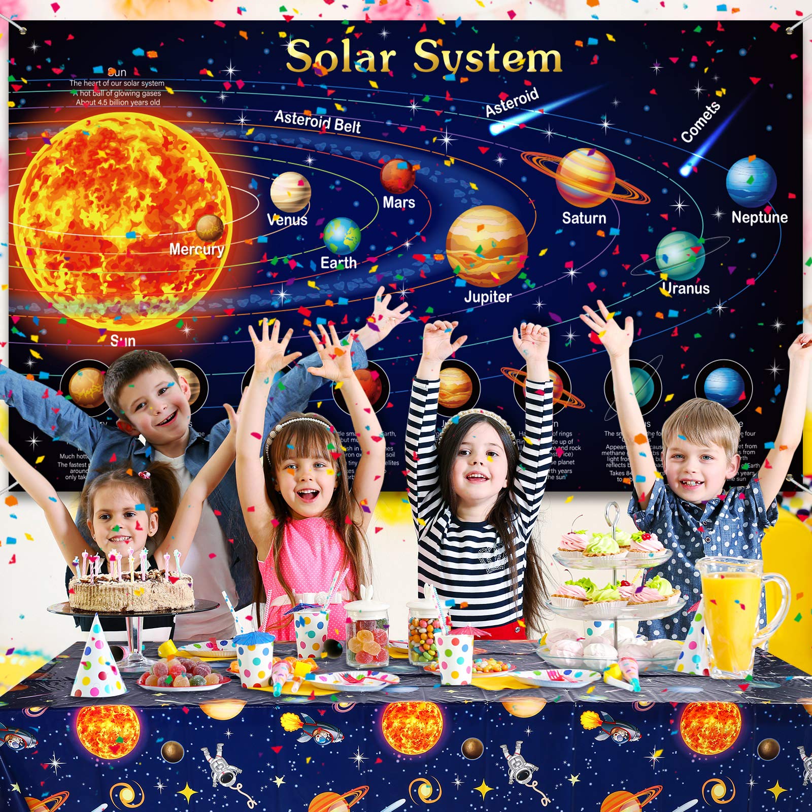 Space Tablecloth Decorations, Plastic Solar System Table Cover Planet Design for Kids Space Theme Birthday Party Decorations and Supplies, 54 x 108 Inch (3 Pieces)