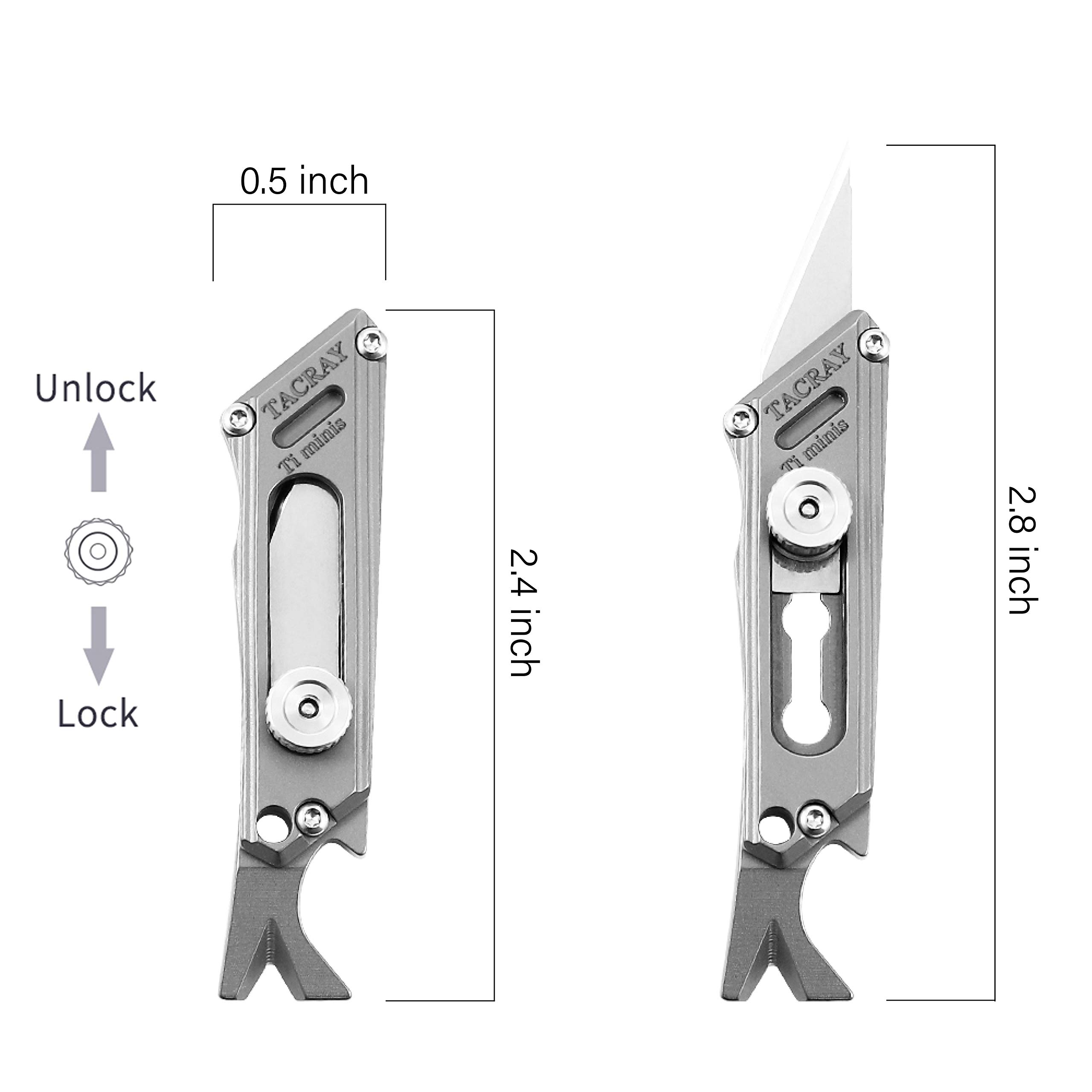 Tacray Titanium EDC Utility Knife with a bottle opener and in the tail, Pocket Knife Box Cutter with Retractable and Replaceable Blade, Mini Knife for Multiple Cutting Tasks(Gray)