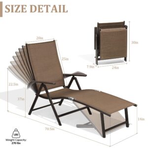 VredHom 2PCS Patio Chaise Lounge Outdoor Adjustable Folding Lounge Chair Recliner with 8 Adjustable Backrest Positions for Pool Beach Yard, Brown Textliene and Brown Aluminum Frame