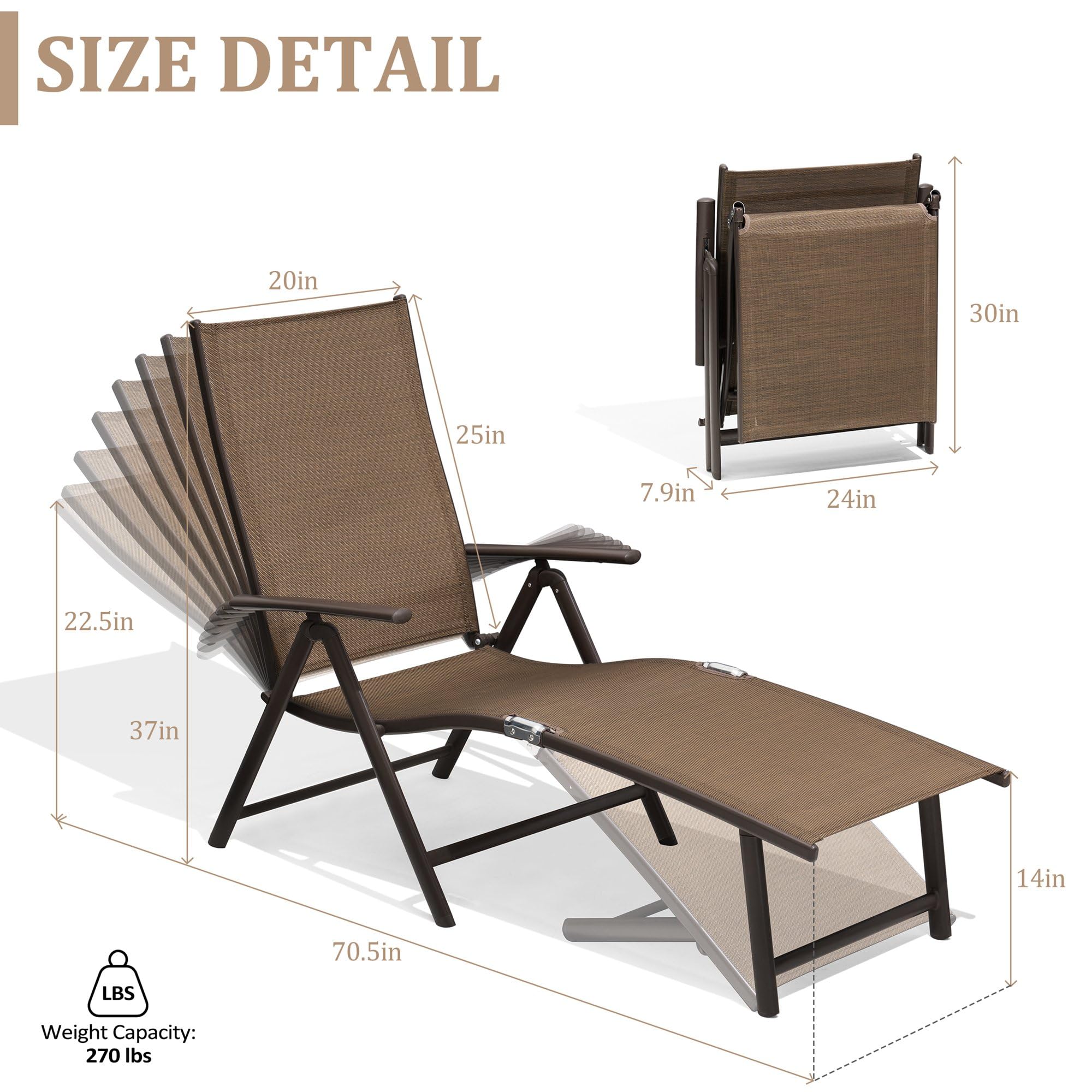 VredHom 2PCS Patio Chaise Lounge Outdoor Adjustable Folding Lounge Chair Recliner with 8 Adjustable Backrest Positions for Pool Beach Yard, Brown Textliene and Brown Aluminum Frame