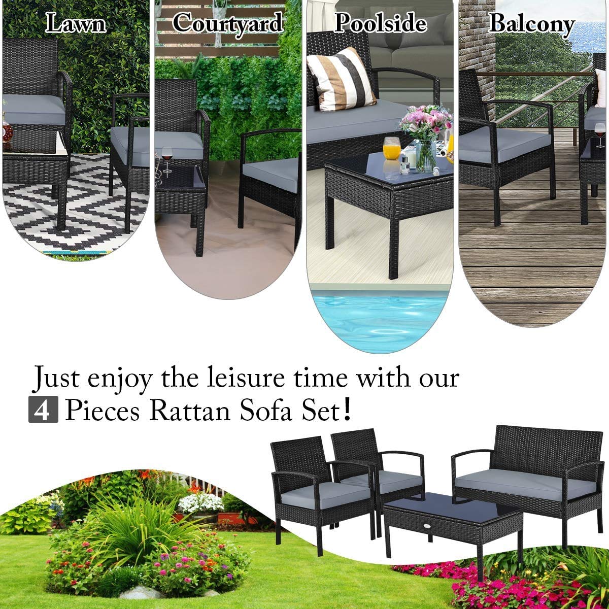 ARLIME 4 Piece Outdoor Patio Furniture Set, All-Weather Rattan Sectional Sofa W/Removable & Washable Cushion, Modern Conversation Sofa for Garden, Balcony, Swimming Pool