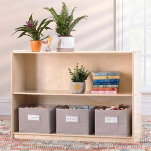 guidecraft edq two shelf open storage 30'' natural with 3 fabric bins: wooden organizer cabinet for school and home, teacher's book cubby and toy shelf