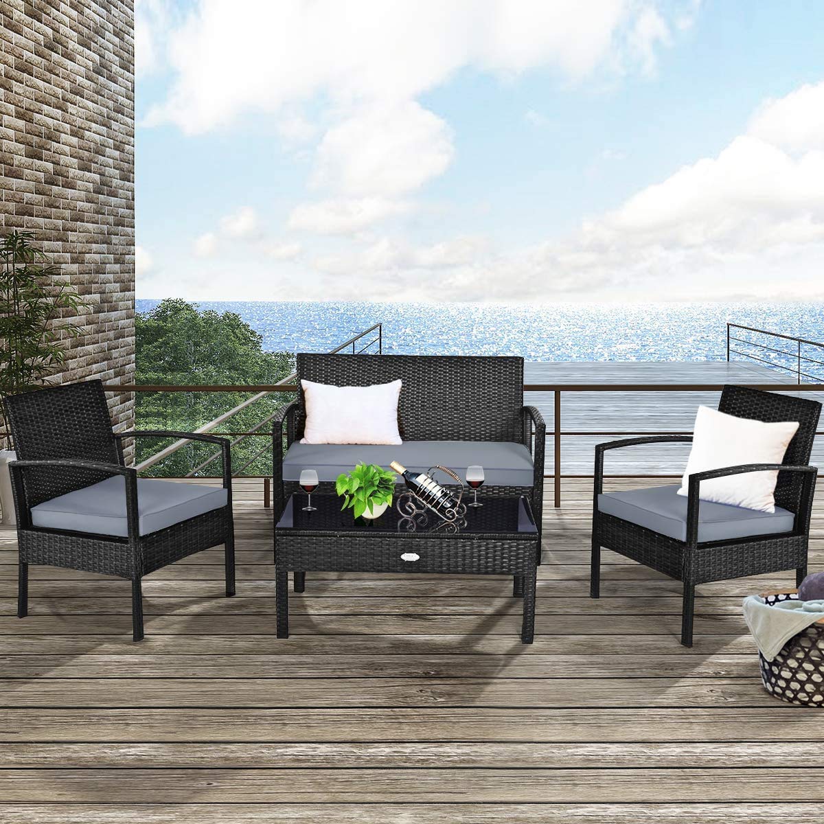 ARLIME 4 Piece Outdoor Patio Furniture Set, All-Weather Rattan Sectional Sofa W/Removable & Washable Cushion, Modern Conversation Sofa for Garden, Balcony, Swimming Pool