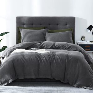 caromio grey duvet cover queen cotton, ultra soft comfortable bedding set for summer, washed cotton duvet cover set 1 duvet cover + 2 pillowcases(dark grey, queen/full, 3 pcs)