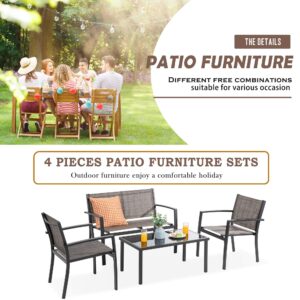 Vongrasig 4 Pieces Patio Furniture Sets, Small Modern Metal Textilene Outdoor Furniture Conversation Sets, Lawn Garden Porch Balcony Mesh Bistro Set Backyard Patio Set w/Loveseat&Glass Table (Taupe)