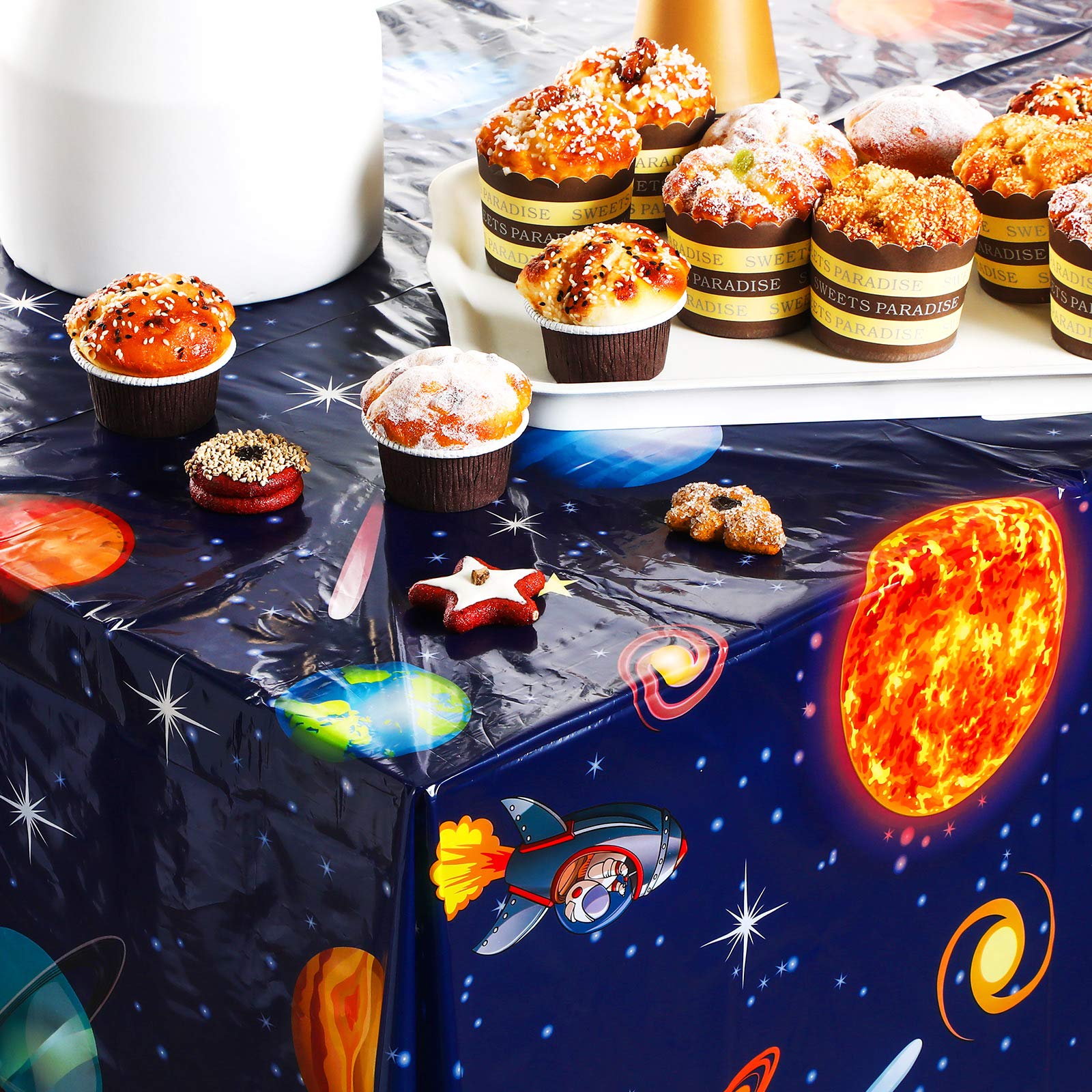 Space Tablecloth Decorations, Plastic Solar System Table Cover Planet Design for Kids Space Theme Birthday Party Decorations and Supplies, 54 x 108 Inch (3 Pieces)