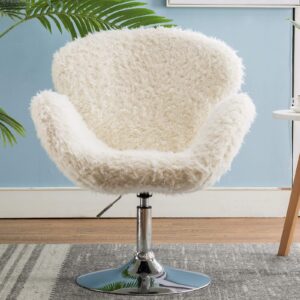 cimoo white makeup vanity chair, swviel furry home office chair with wheels arms, fluffy accent chair for girlsteens bedroom living room, cream curly fur