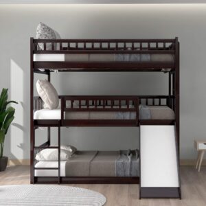 Triple Bunk Bed with Slide, Full Over Full Over Full Bunk Bed Convertible Triple Beds for Kids/Teens/Adults, Espresso