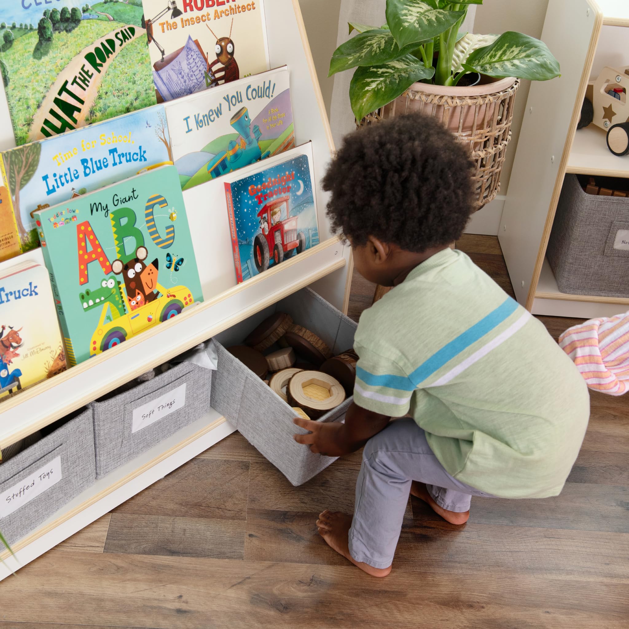 Guidecraft EdQ Book and Bin Display White with 3 Storage Bins: Wooden Kids Bookcase and Toy Storage Organizer; Homeschool and Classroom Bookshelf Furniture