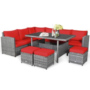 tangkula 7 pieces patio furniture set, outdoor sectional rattan sofa set with cushions, all weather wicker conversation couch set w/dining table & ottomans for backyard garden poolside