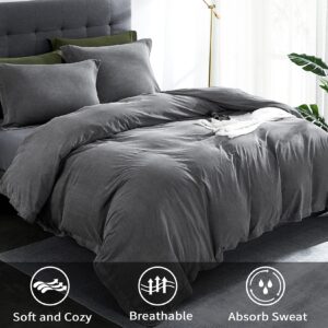 CAROMIO Grey Duvet Cover Queen Cotton, Ultra Soft Comfortable Bedding Set for Summer, Washed Cotton Duvet Cover Set 1 Duvet Cover + 2 Pillowcases(Dark Grey, Queen/Full, 3 PCS)