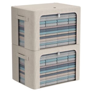 clothes storage bins box - linen fabric foldable stackable container organizer set with clear window & carry handles & metal frame - 2pack large capacity for bedding, blankets, books