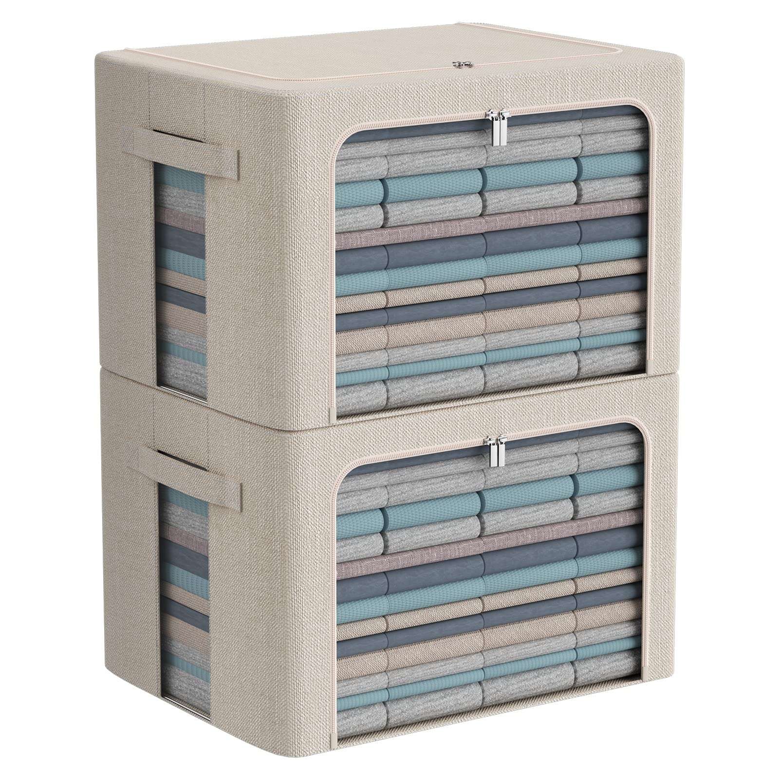 Clothes Storage Bins Box - Linen Fabric Foldable Stackable Container Organizer Set with Clear Window & Carry Handles & Metal Frame - 2Pack Large Capacity for Bedding, Blankets, Books