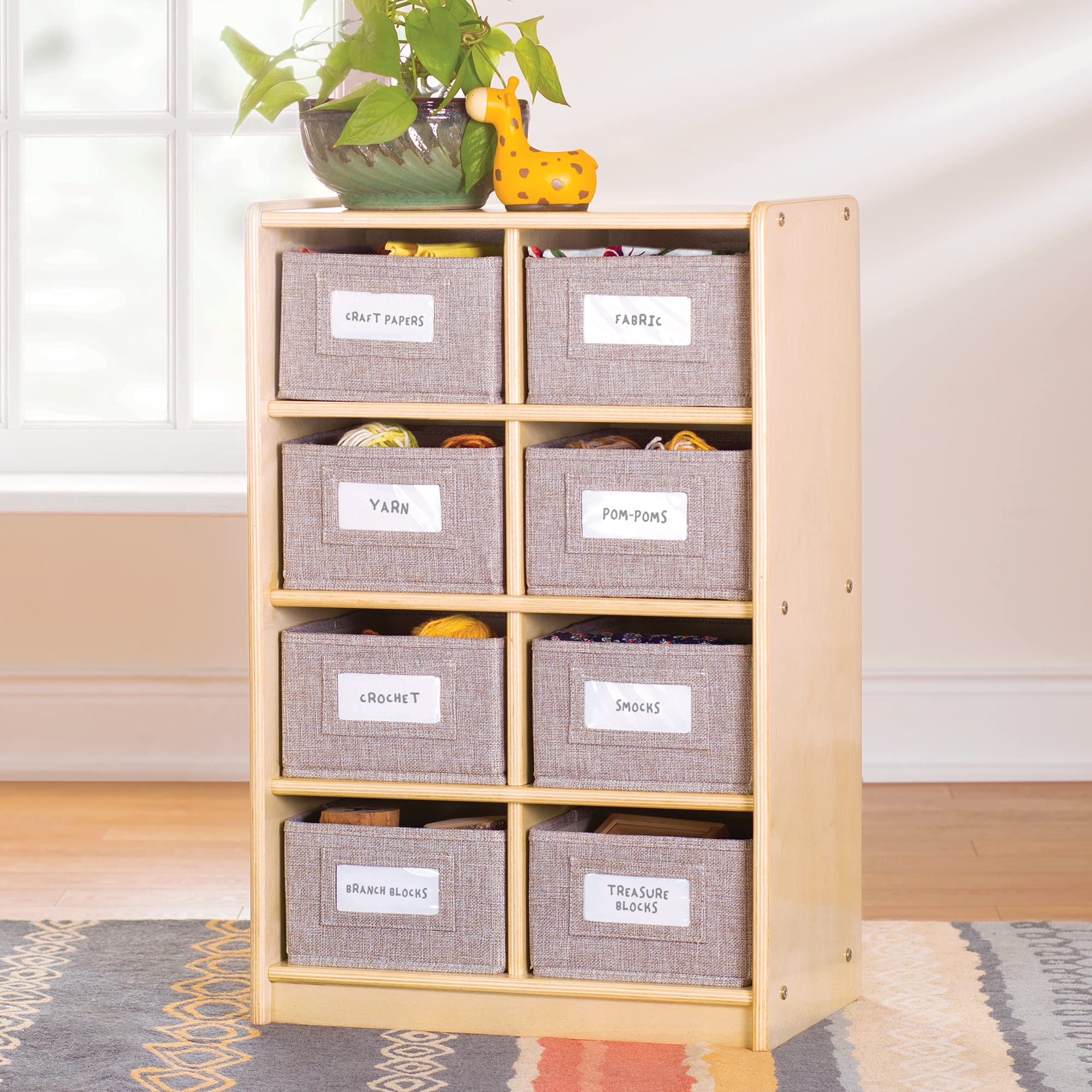 Guidecraft EdQ Cubby Bin Storage Organizer Natural with 8 Fabric Bins: Wood Bookshelf and Toy Organizer for Kids and Teachers; School Supply Furniture for Classrooms and Home