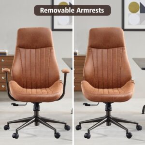 ovios High Back Ergonomic Home Office Chair with Lumbar Support, Mid-Century Modern Suede Leather Chair with Swivel Rolling Wheels, Comfy Executive Computer Task Chair, Brown