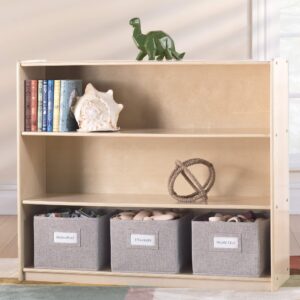 guidecraft edq three shelf open storage natural with 3 fabric bins: wooden kids bookcases and toy storage organizer; homeschool and classroom furniture