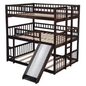 Triple Bunk Bed with Slide, Full Over Full Over Full Bunk Bed Convertible Triple Beds for Kids/Teens/Adults, Espresso