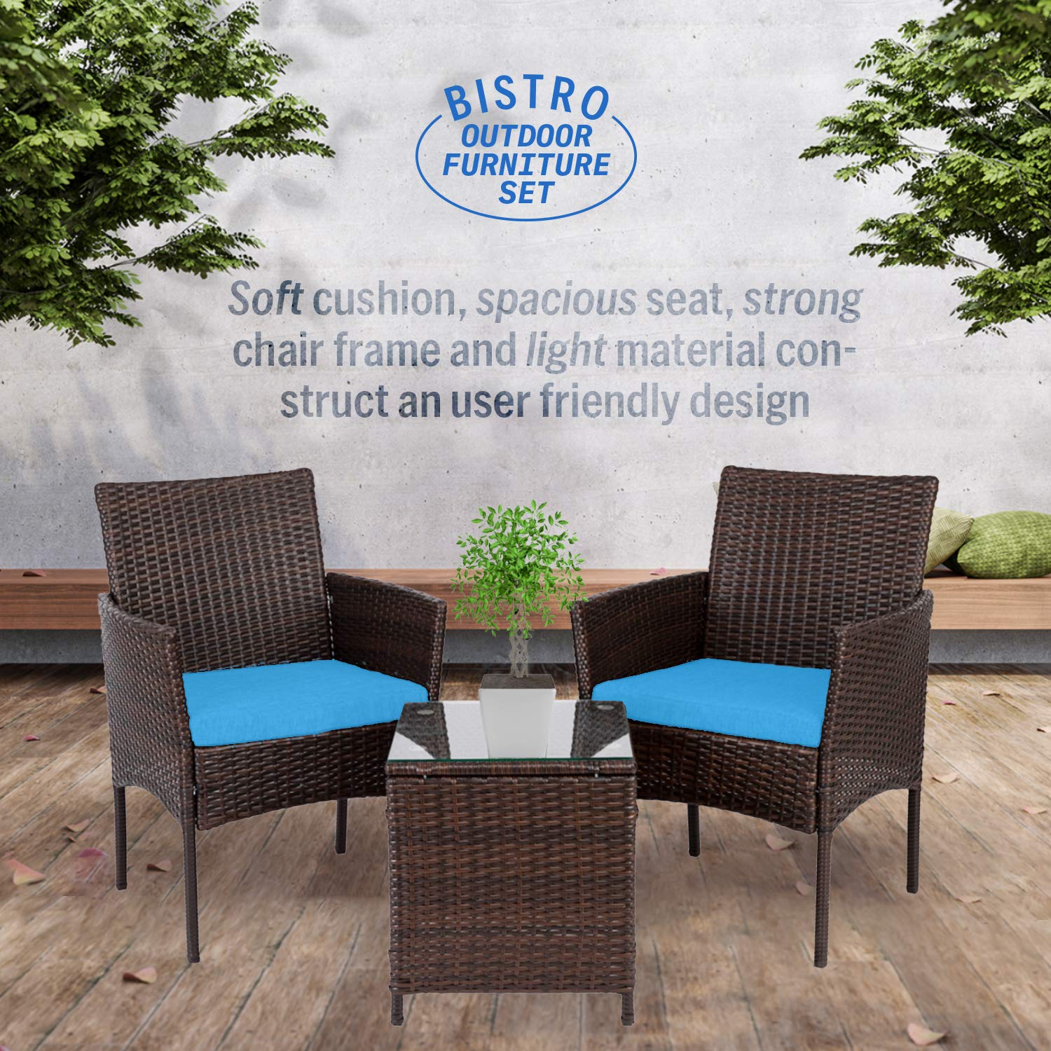 Pyramid Home Decor Alvino Patio Bistro Set 3-Piece Outdoor Wicker Furniture Sets, Modern Rattan Garden Conversation Chair with Thick Cushion and Glass Top Coffee Table (Light Blue)