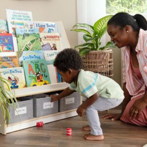 Guidecraft EdQ Book and Bin Display White with 3 Storage Bins: Wooden Kids Bookcase and Toy Storage Organizer; Homeschool and Classroom Bookshelf Furniture