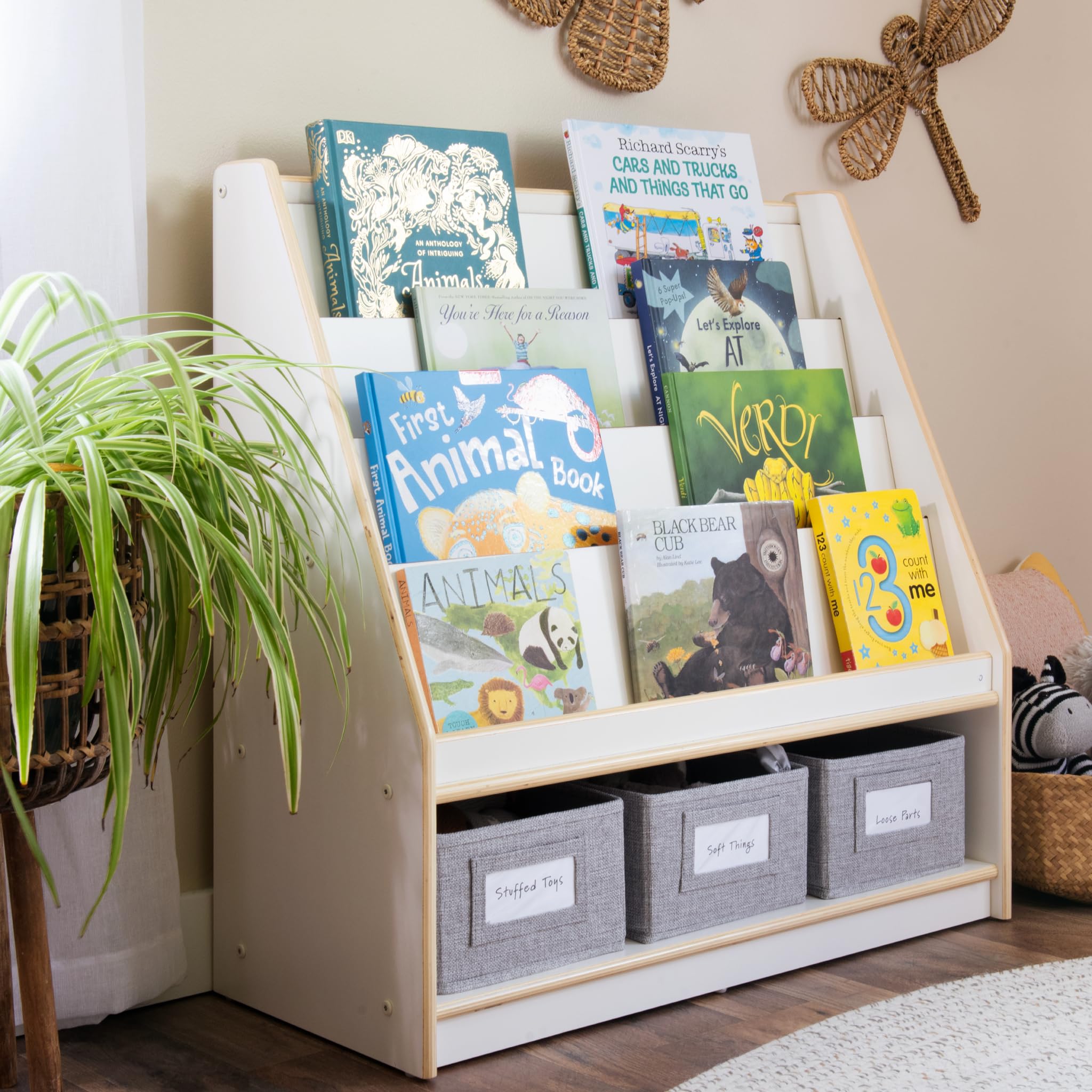 Guidecraft EdQ Book and Bin Display White with 3 Storage Bins: Wooden Kids Bookcase and Toy Storage Organizer; Homeschool and Classroom Bookshelf Furniture