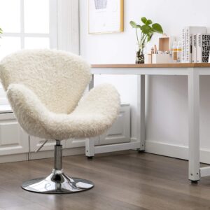 CIMOO White Makeup Vanity Chair, Swviel Furry Home Office Chair with Wheels Arms, Fluffy Accent Chair for GirlsTeens Bedroom Living Room, Cream Curly Fur