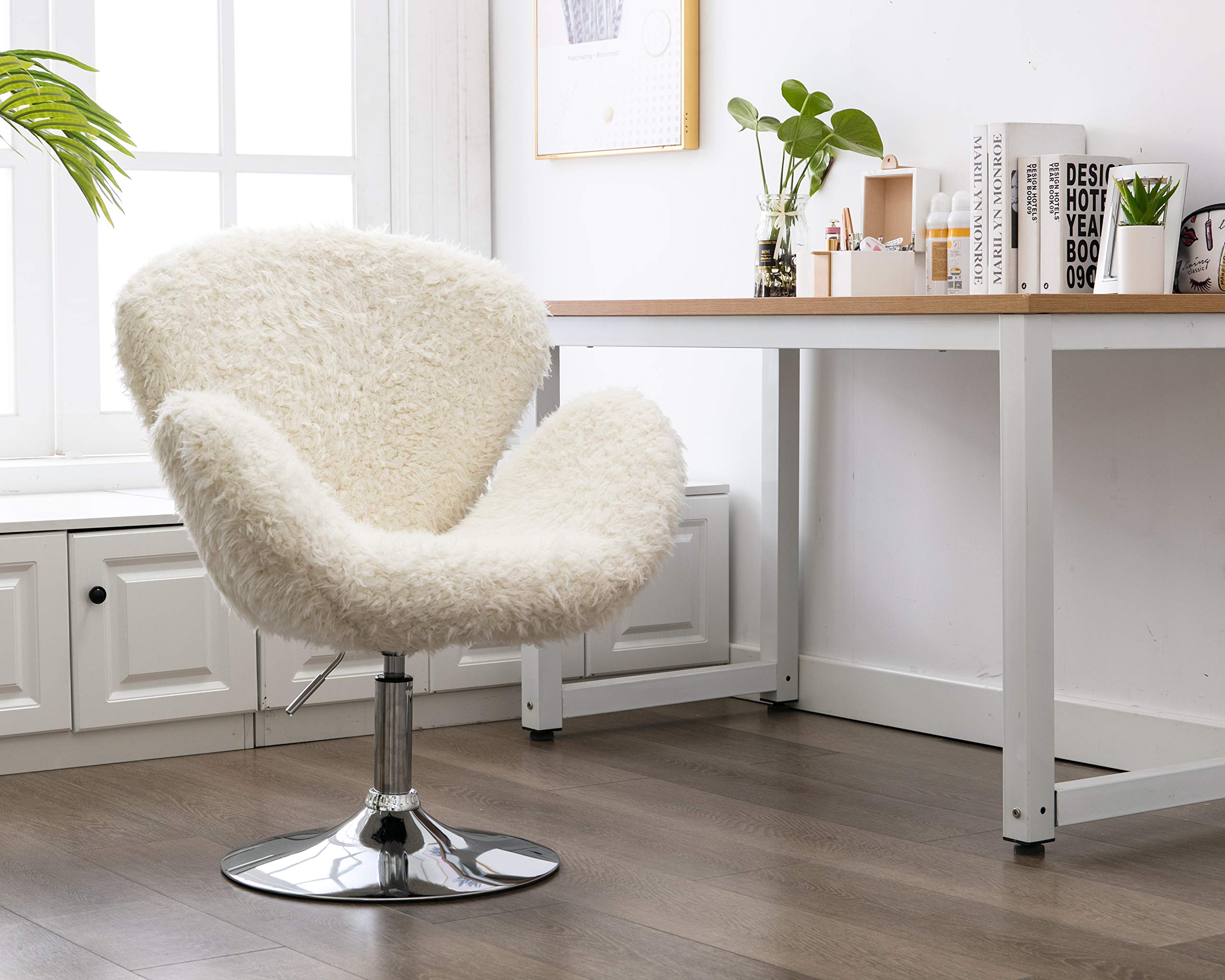 CIMOO White Makeup Vanity Chair, Swviel Furry Home Office Chair with Wheels Arms, Fluffy Accent Chair for GirlsTeens Bedroom Living Room, Cream Curly Fur