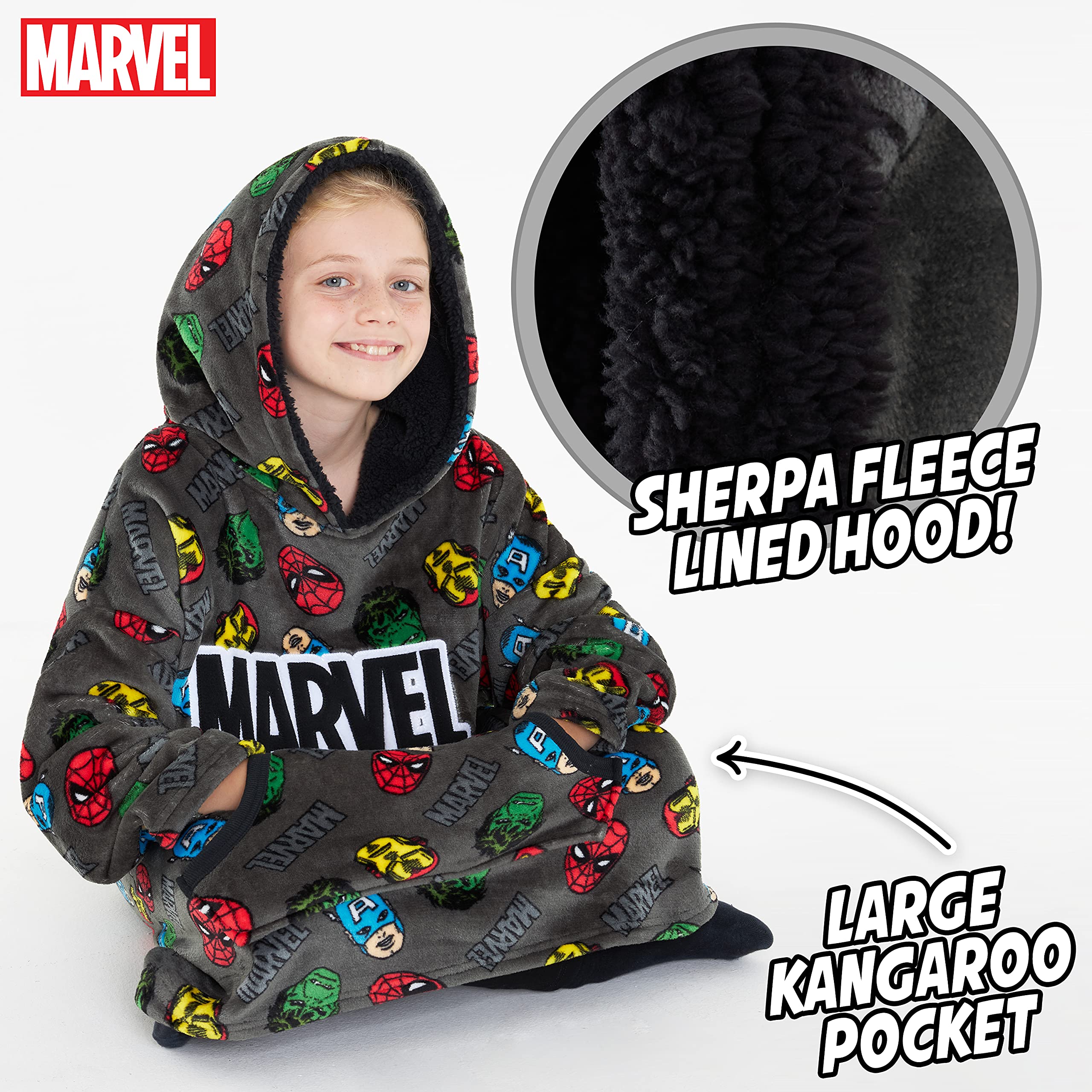 Marvel Hoodies for Boys, Fleece Oversized Blanket Hoodie Avengers Gifts for Boys (Grey Aop)