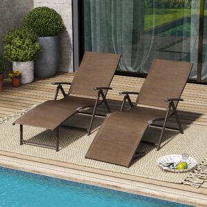 vredhom 2pcs patio chaise lounge outdoor adjustable folding lounge chair recliner with 8 adjustable backrest positions for pool beach yard, brown textliene and brown aluminum frame