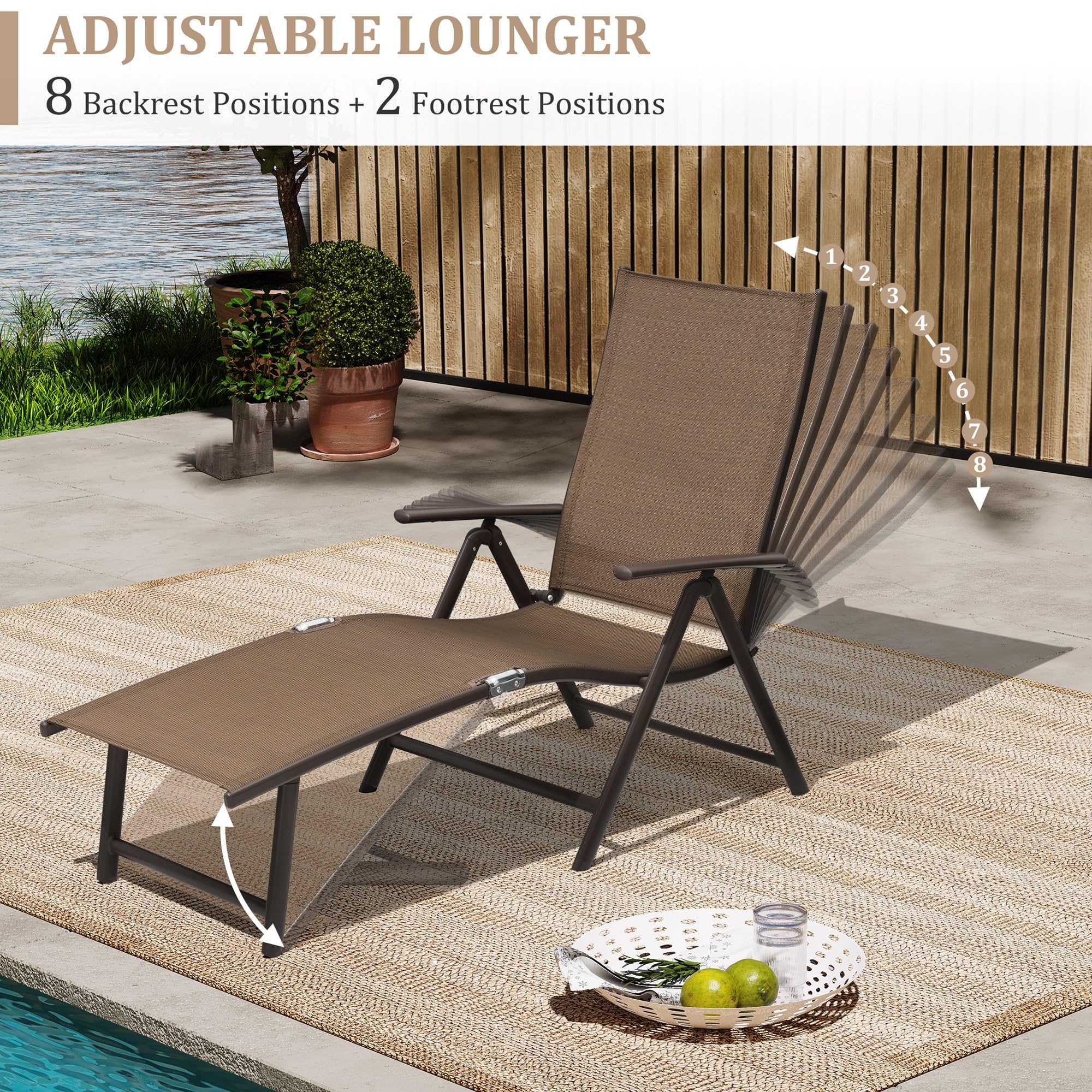 VredHom 2PCS Patio Chaise Lounge Outdoor Adjustable Folding Lounge Chair Recliner with 8 Adjustable Backrest Positions for Pool Beach Yard, Brown Textliene and Brown Aluminum Frame