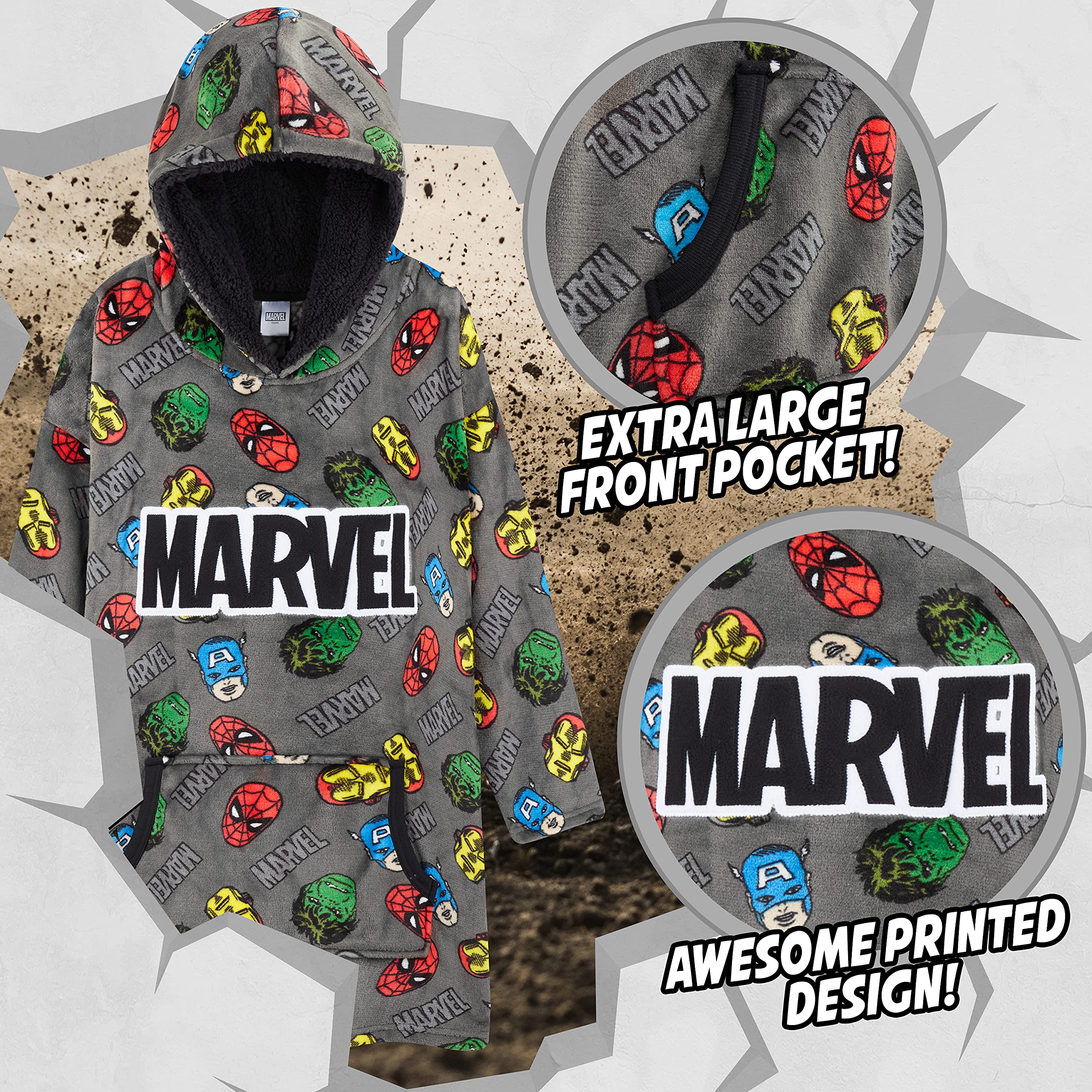 Marvel Hoodies for Boys, Fleece Oversized Blanket Hoodie Avengers Gifts for Boys (Grey Aop)