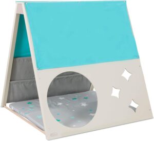 little tikes starry night reading nook indoor furniture includes starlight projector, cushioned mat, book storage, modern white/light blue wooden play space- great gift for readers, kids ages 3+