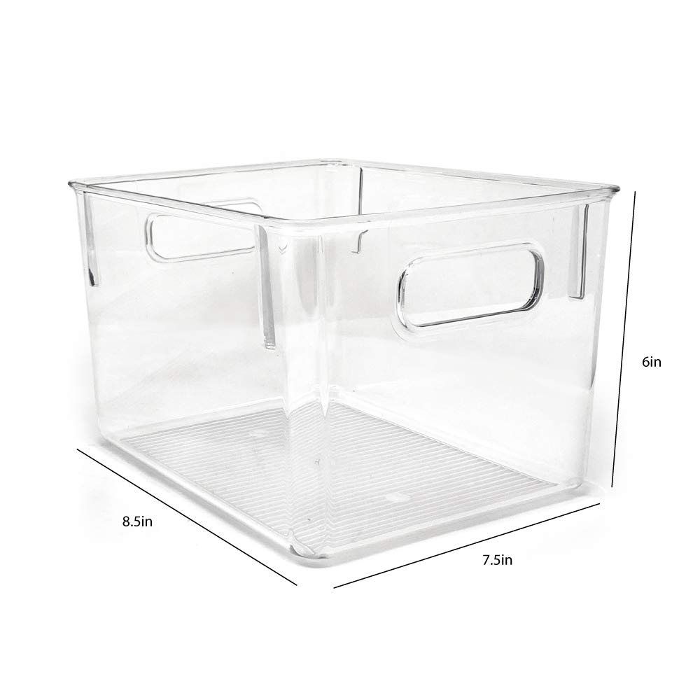 Isaac Jacobs 3-Pack Medium Clear Storage Bins with Handles, Plastic Organizer for Home or Fridge/Freezer, Pantry and Kitchen Non-Slip Container Set, BPA Free, Food Safe (3-Pack, Medium)