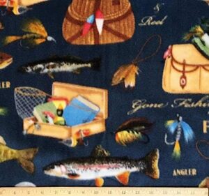 fishing tackle fish & creels on blue fleece fabric panel (great for quilting, sewing, craft project, throw blanket, wall hanging, and more) 56" x 78"