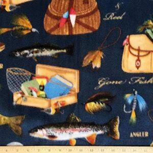 Fishing Tackle Fish & Creels on Blue Fleece Fabric Panel (Great for Quilting, Sewing, Craft Project, Throw Blanket, Wall Hanging, and More) 56" x 78"