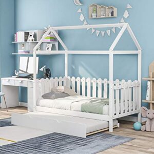 klmm low daybed for kids, floor bed with trundle bed, house shape wooden bed frame with fence-shaped guardrail and roof, bedroom furniture, can be decorated, tent, twin (white+fence-shaped guardrail)