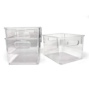 Isaac Jacobs 3-Pack Medium Clear Storage Bins with Handles, Plastic Organizer for Home or Fridge/Freezer, Pantry and Kitchen Non-Slip Container Set, BPA Free, Food Safe (3-Pack, Medium)