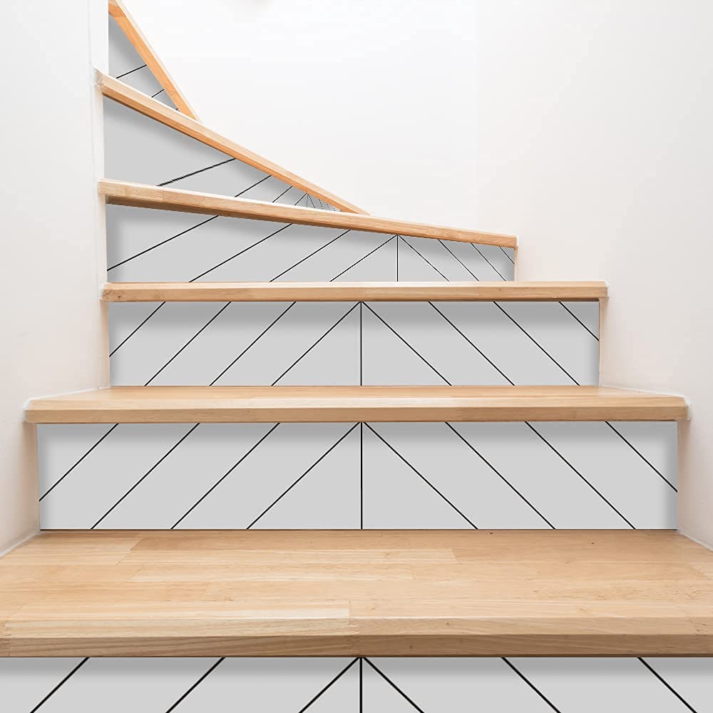 funlife 13Pcs Scandinavian Style Peel and Stick Vinyl Stair Riser Decals Stickers, 39.37"x7.09" White Herringbone