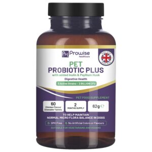 pet probiotic plus with added inulin & psyllium husk 2 billion cfu with 5 active strains i 60 chicken flavour chewable tablets 2 months supply i help main normal microflora balance in dogs