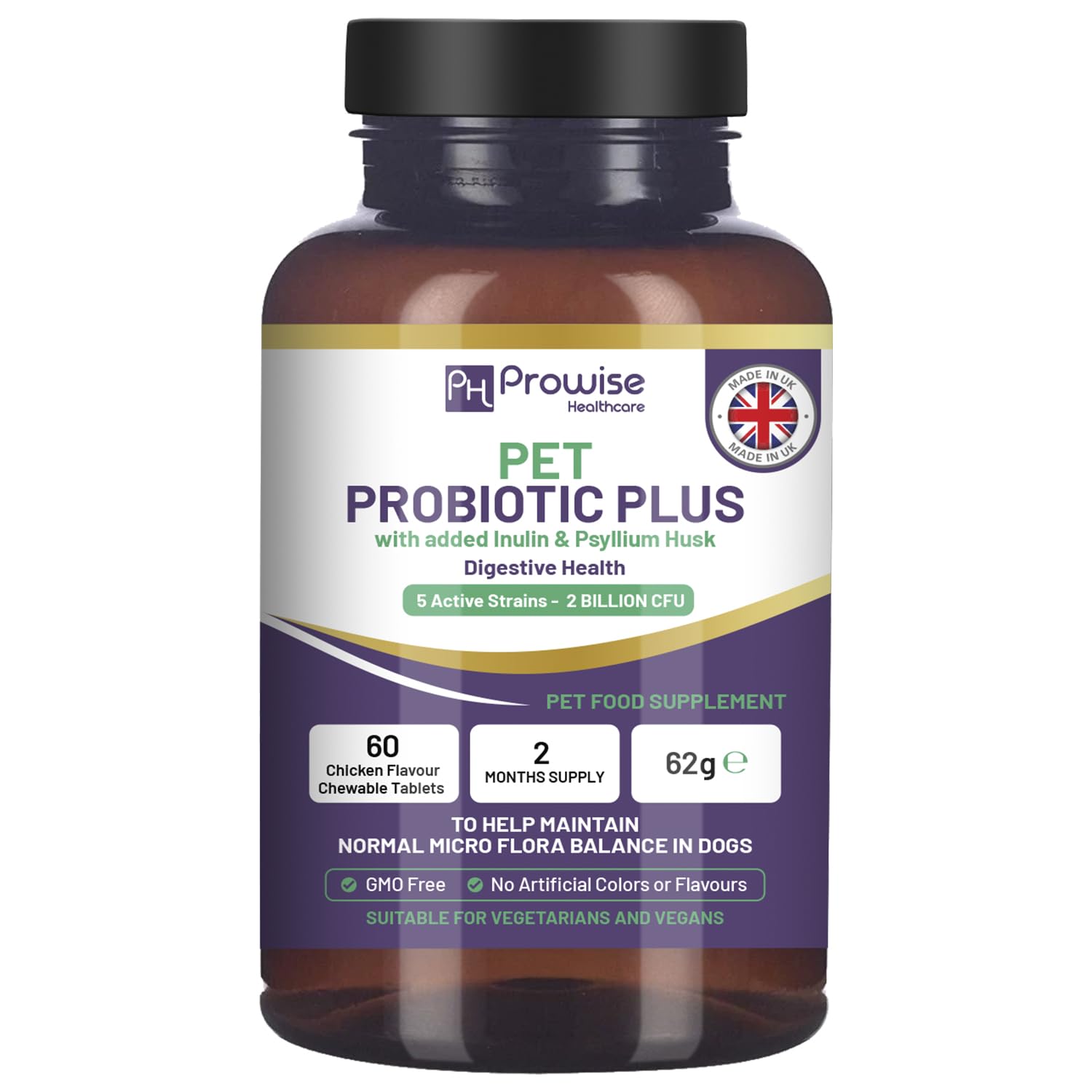 Pet Probiotic Plus with Added Inulin & Psyllium Husk 2 Billion CFU with 5 Active Strains I 60 Chicken Flavour Chewable Tablets 2 Months Supply I Help Main Normal Microflora Balance in Dogs